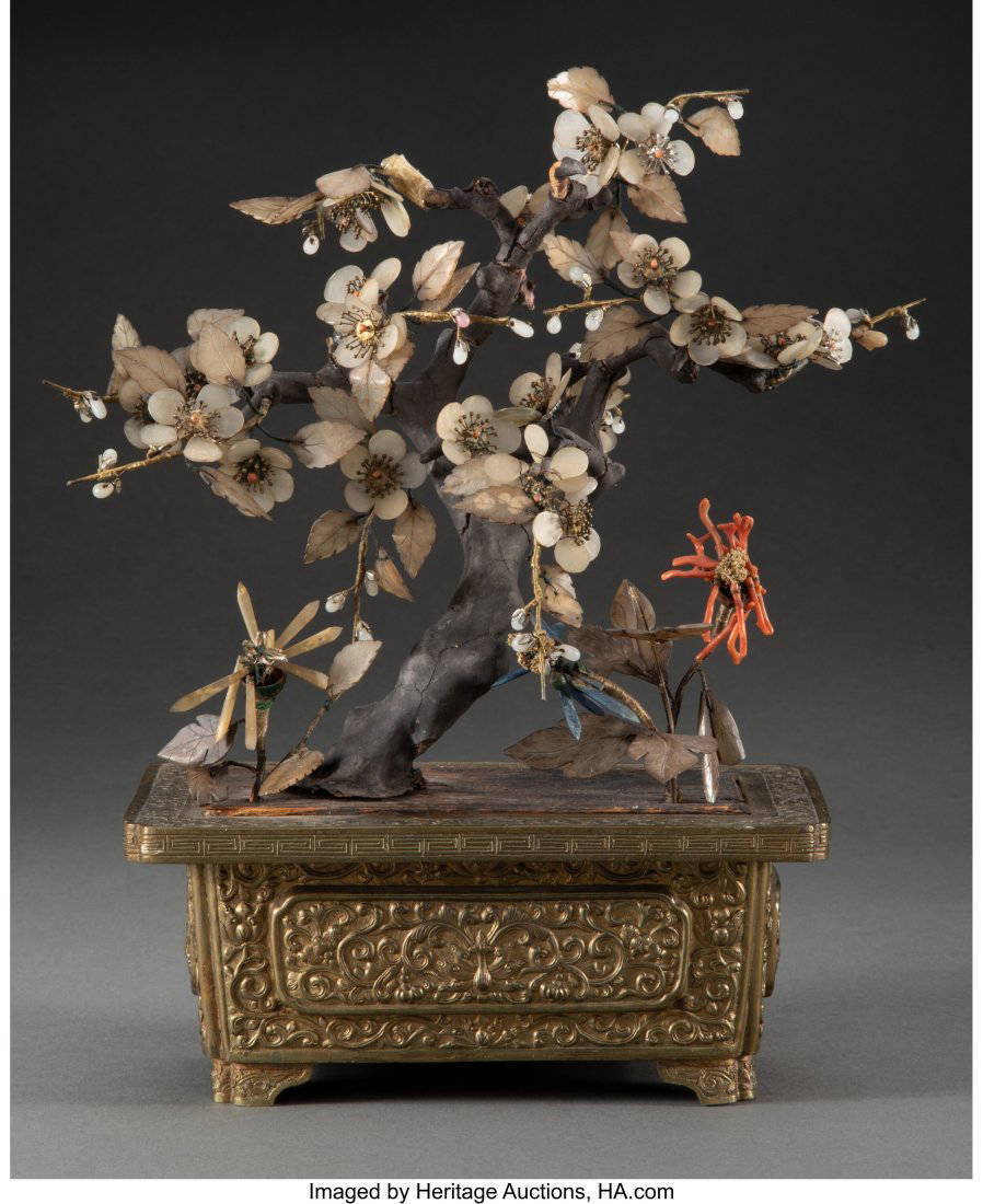 78282: A Chinese Hardstone Tree In Patinated Metal Plan Auction