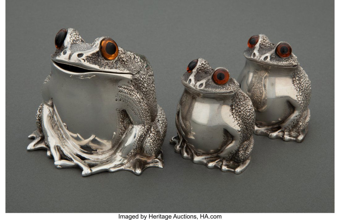 74108: Three Asprey Silver Frog-form Condiment Vessels, Auction