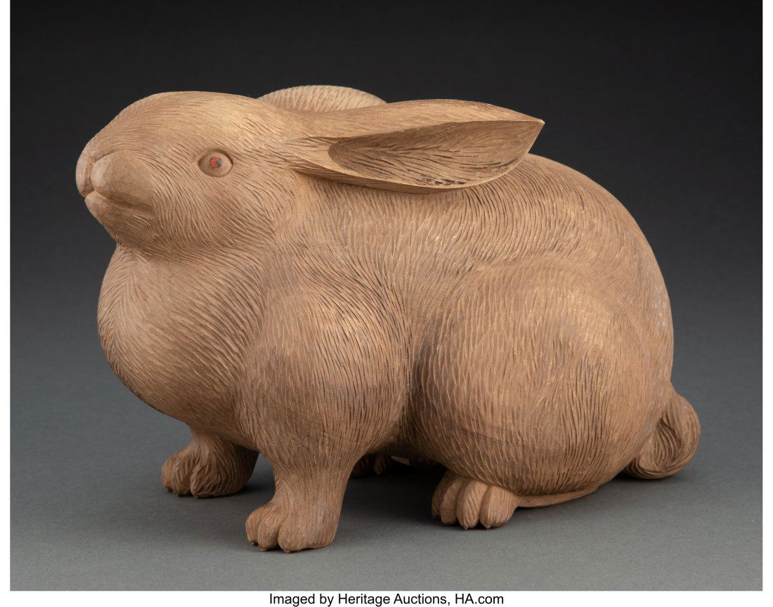 25211: A Japanese Wood Okimono Of A Rabbit Marks: Three Auction