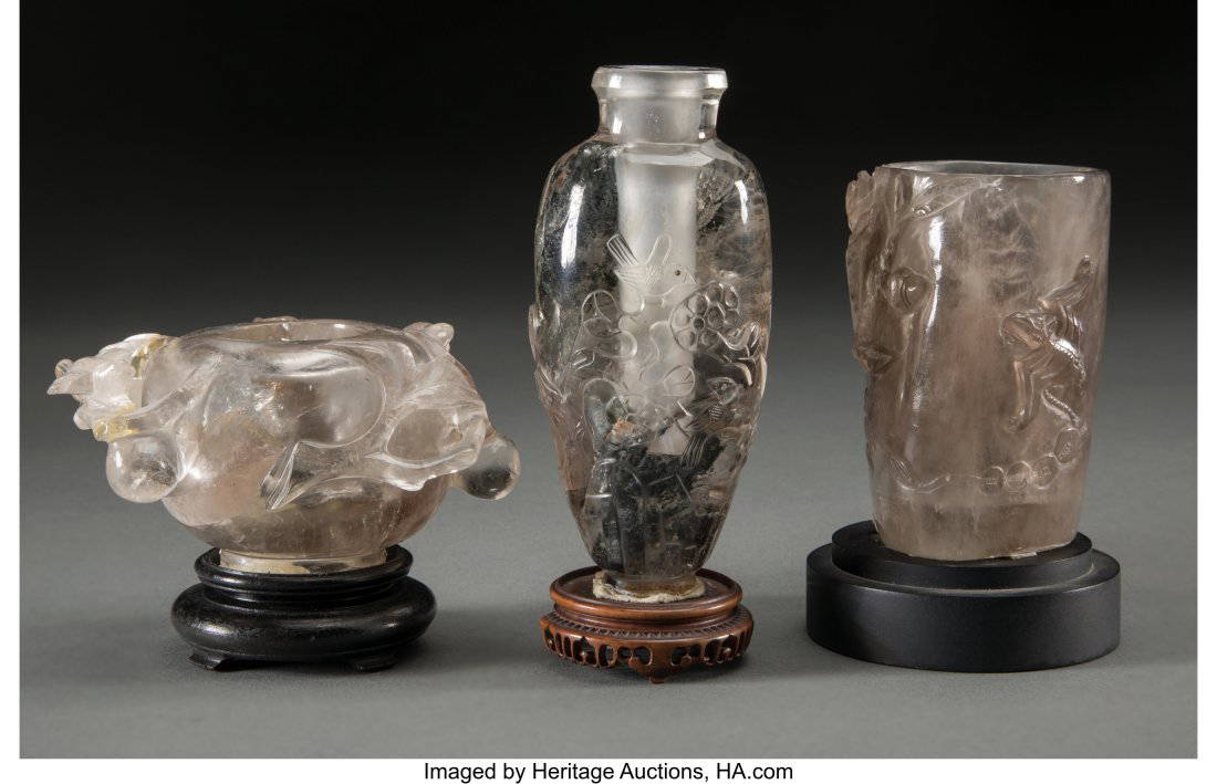 25060: A Group Of Three Chinese Carved Rock Crystal Tab Auction