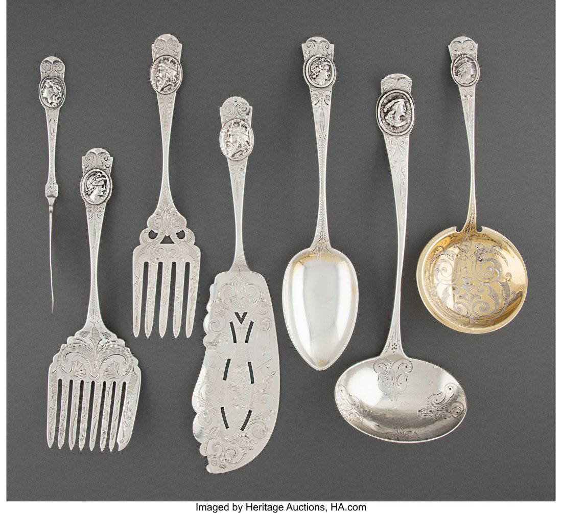 74281: Six Peter Lewis Krider Partial Gilt Silver Serve Auction