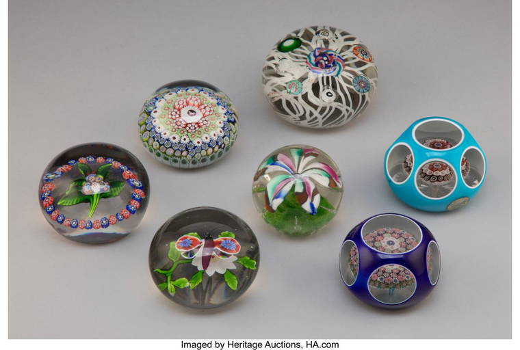 61142: One American & Six French Polished Glass Paperweights, Mid 19
