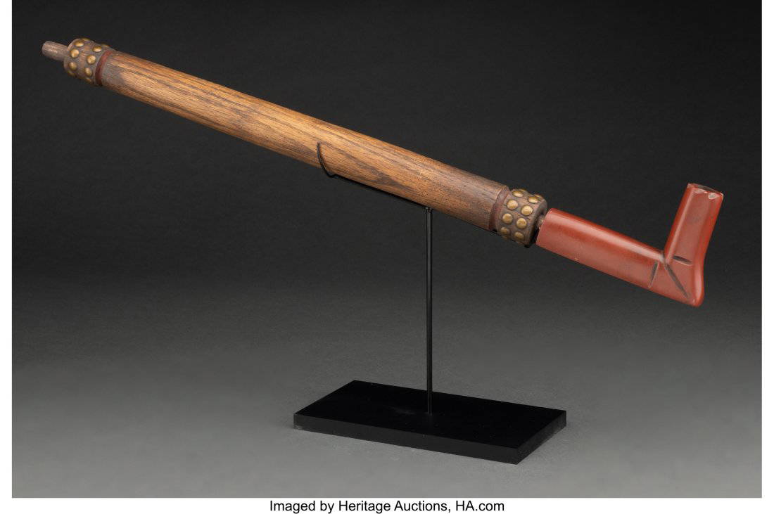 70184: A Sioux Pipe C. 1880 Wood, Pigment, Brass Tack Auction