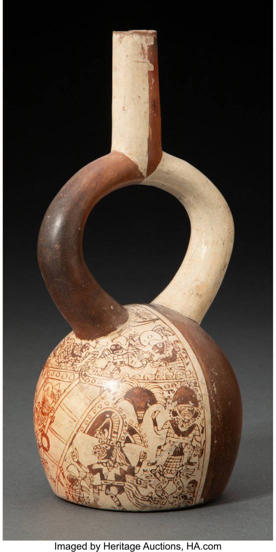 70297: A Moche Fine-line Stirrup Vessel With Battle Sce Auction
