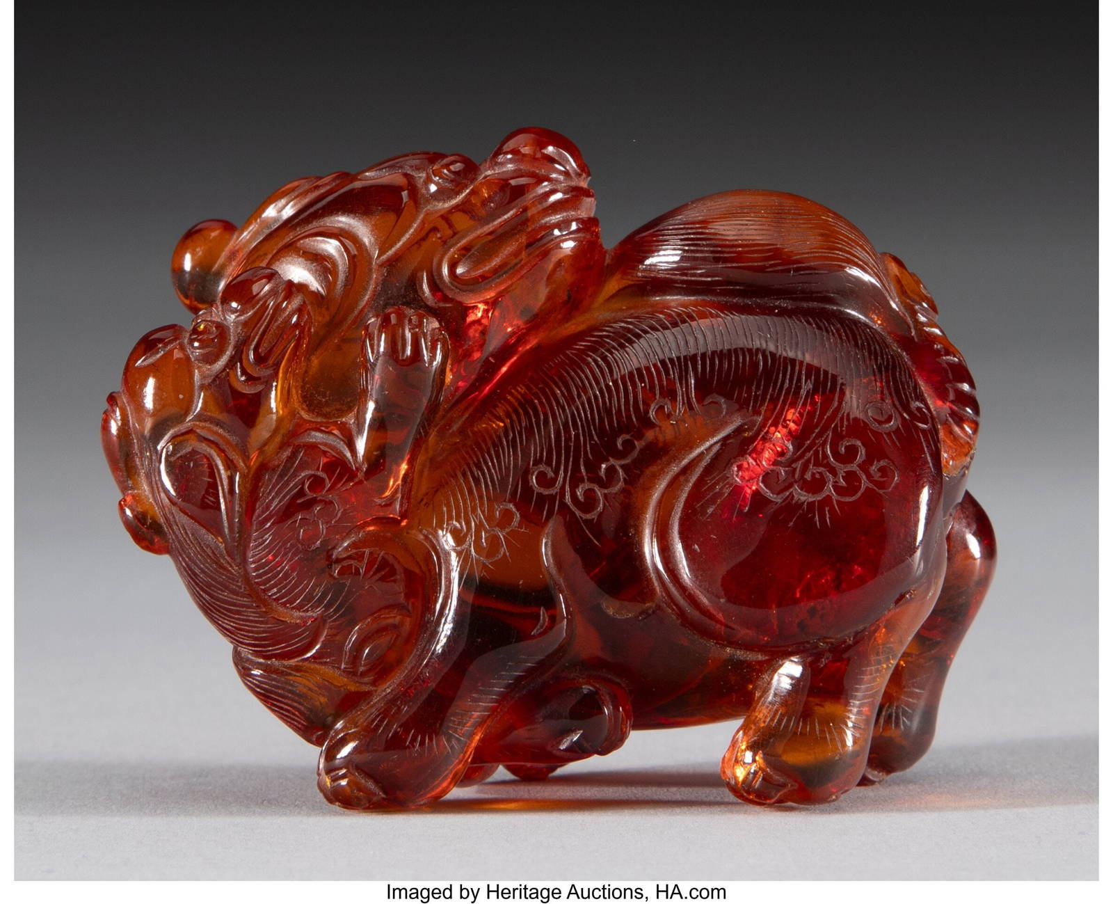 78080: A Chinese Amber Carving Of Pixiu With A Cub, 18t Auction