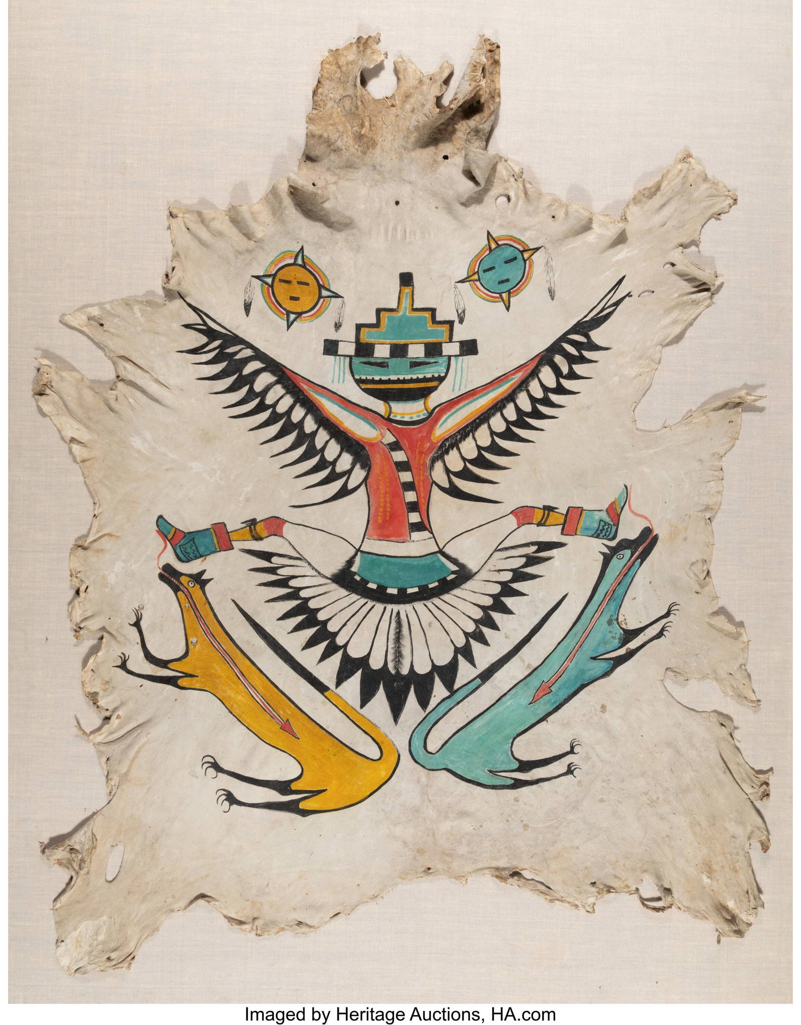 70008: A Zuni Pictorial Painted Hide C. 1935 Hide, Pi Auction