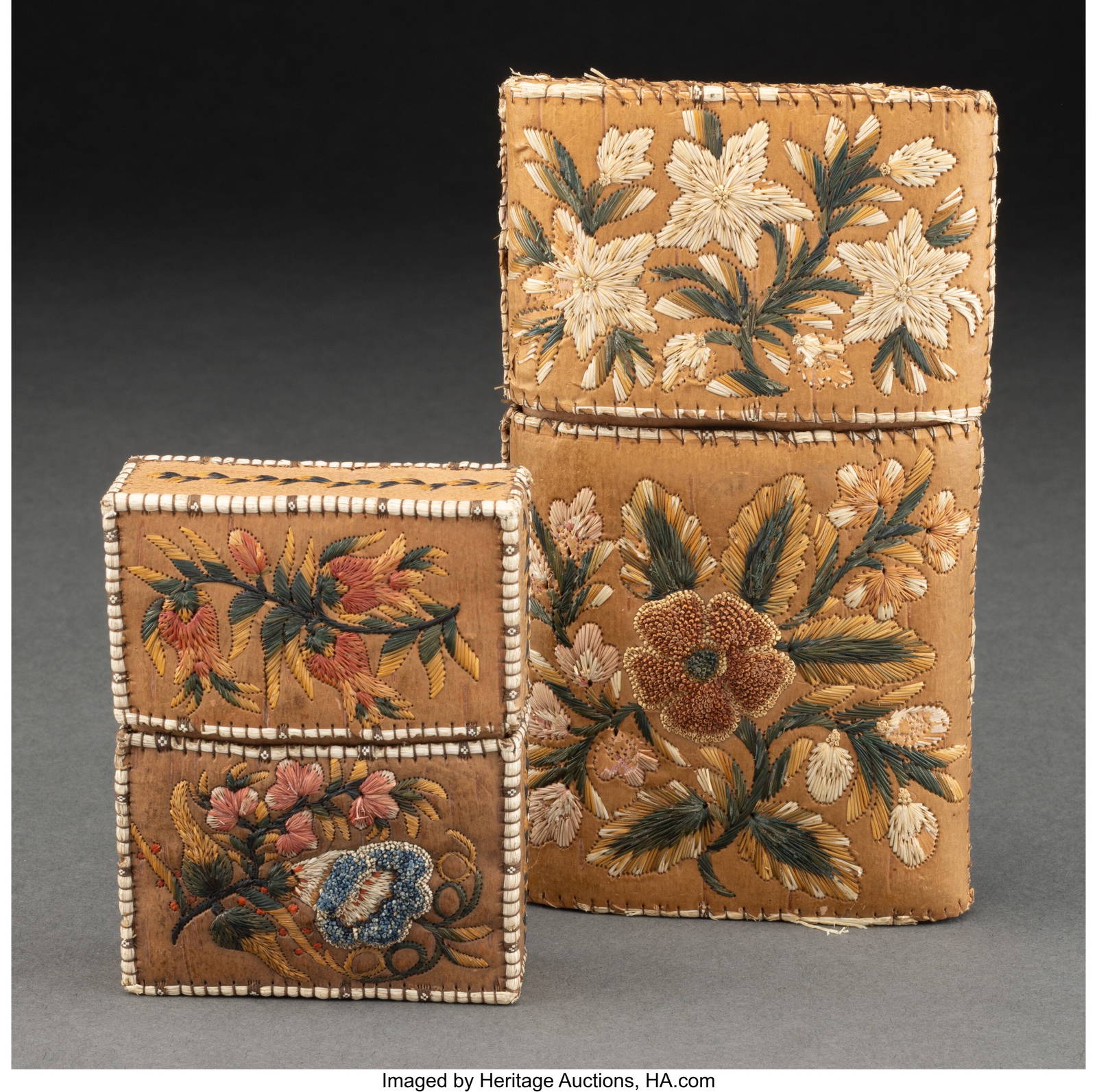 70233: Two Huron Embroidered Birchbark Cases C. 1860 Auction
