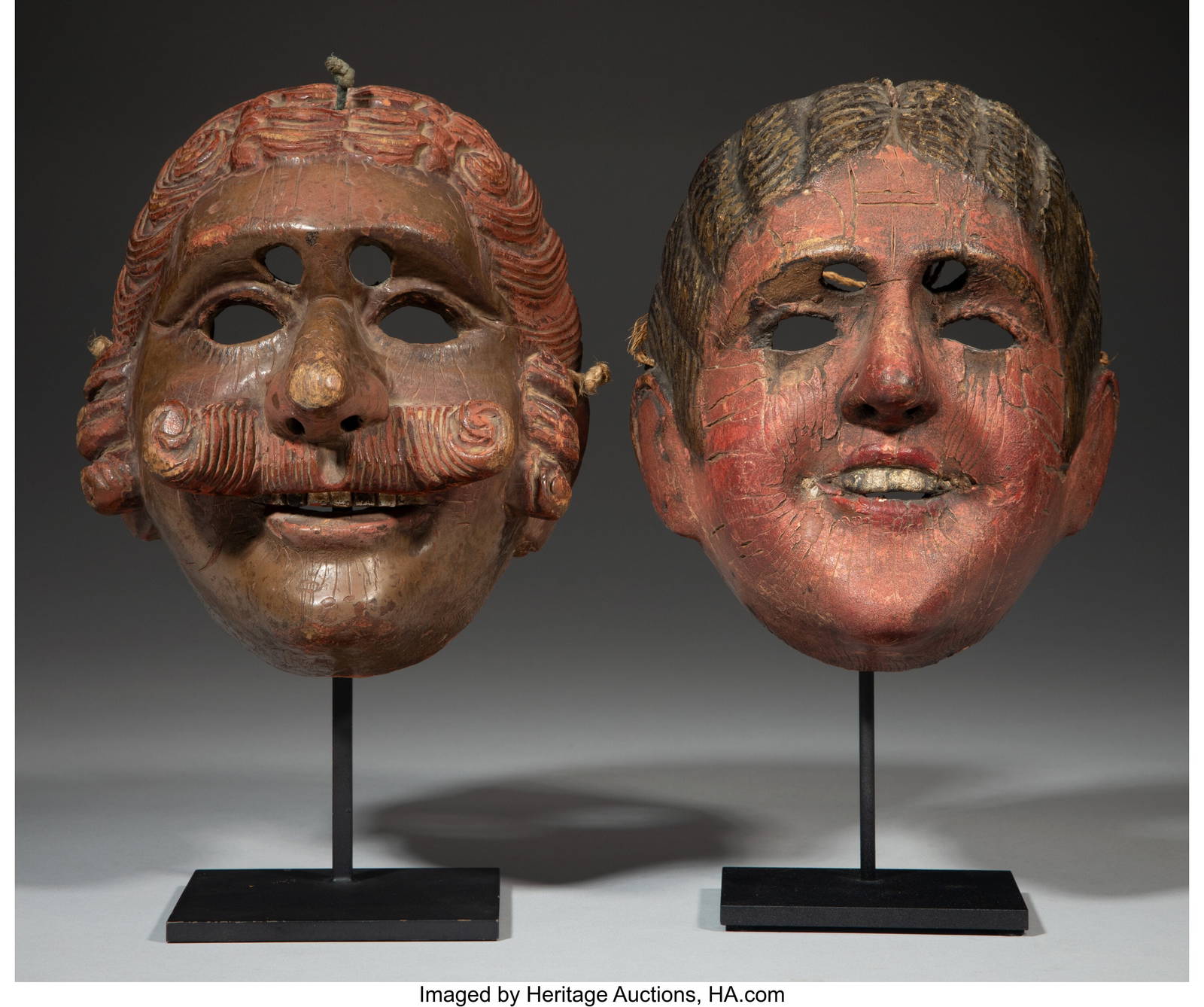 70526: Two Fine Old Guatemalan Masks With Stands Pro Auction