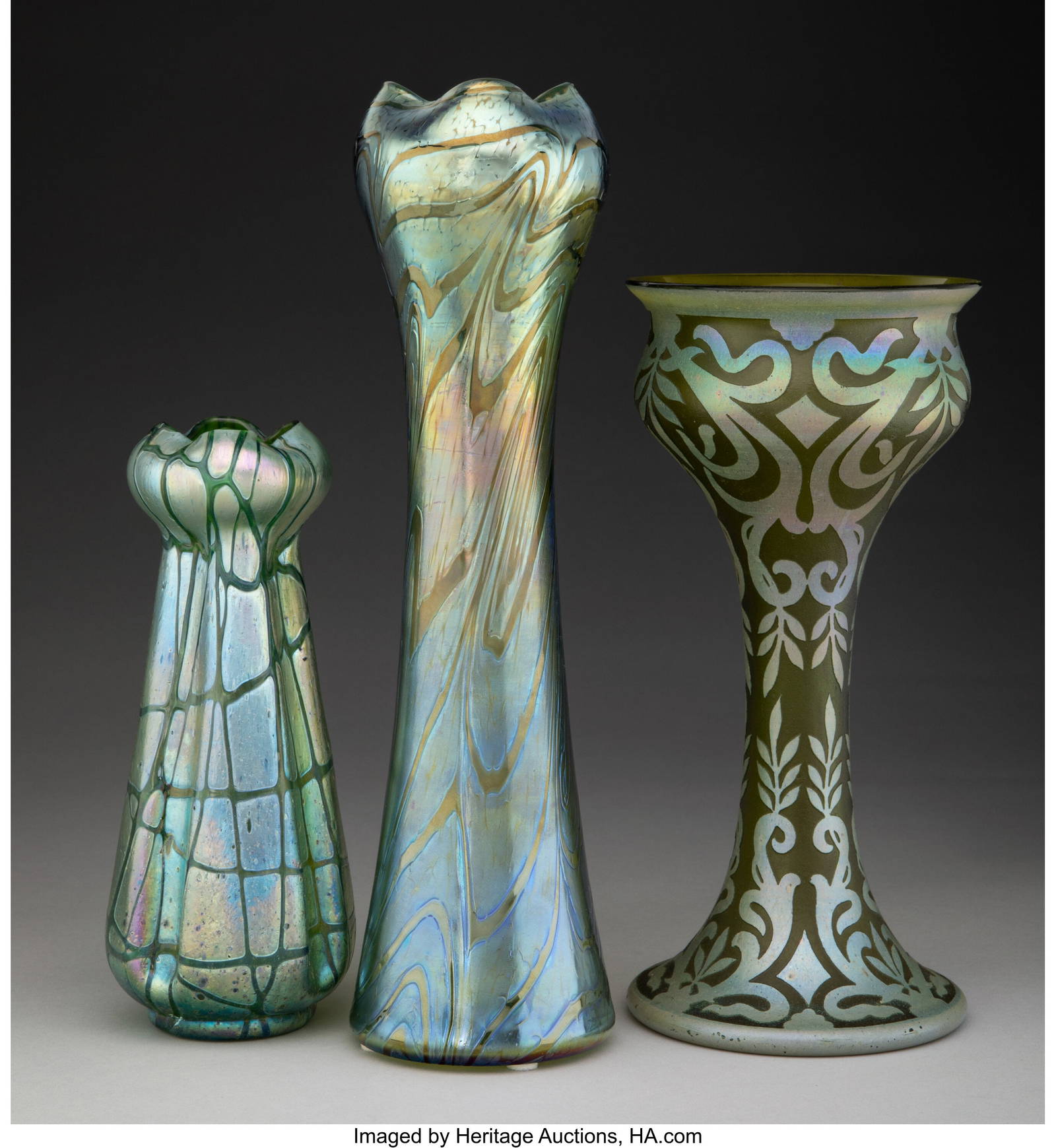 79386: Bohemian Three Vases, Circa 1900 Iridescent Gla Auction