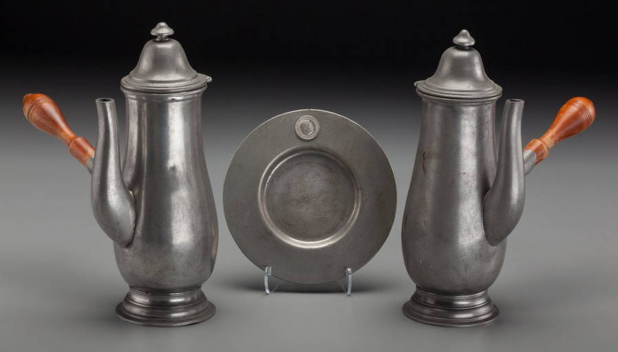 Three Val Kill Pewter Items: Chocolate Pots And Saucer,
