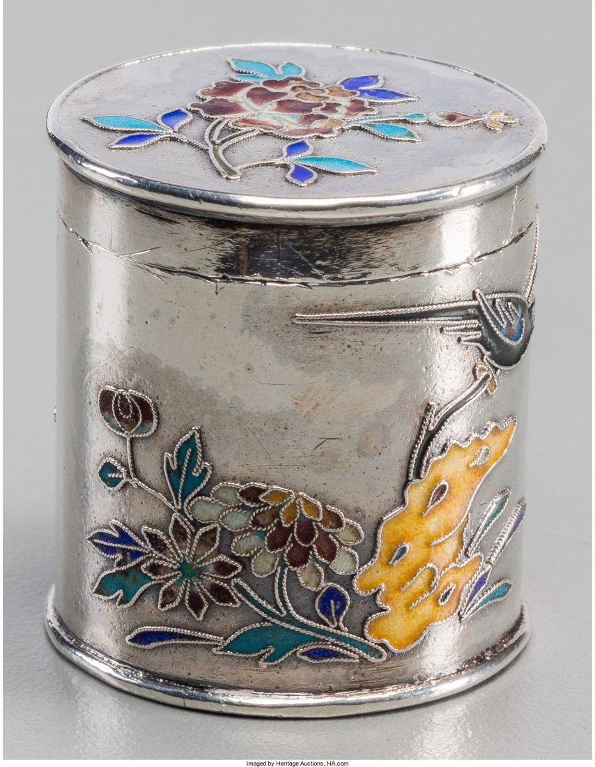 61861: A Chinese Silver and Enamel Cylindrical Pill Box