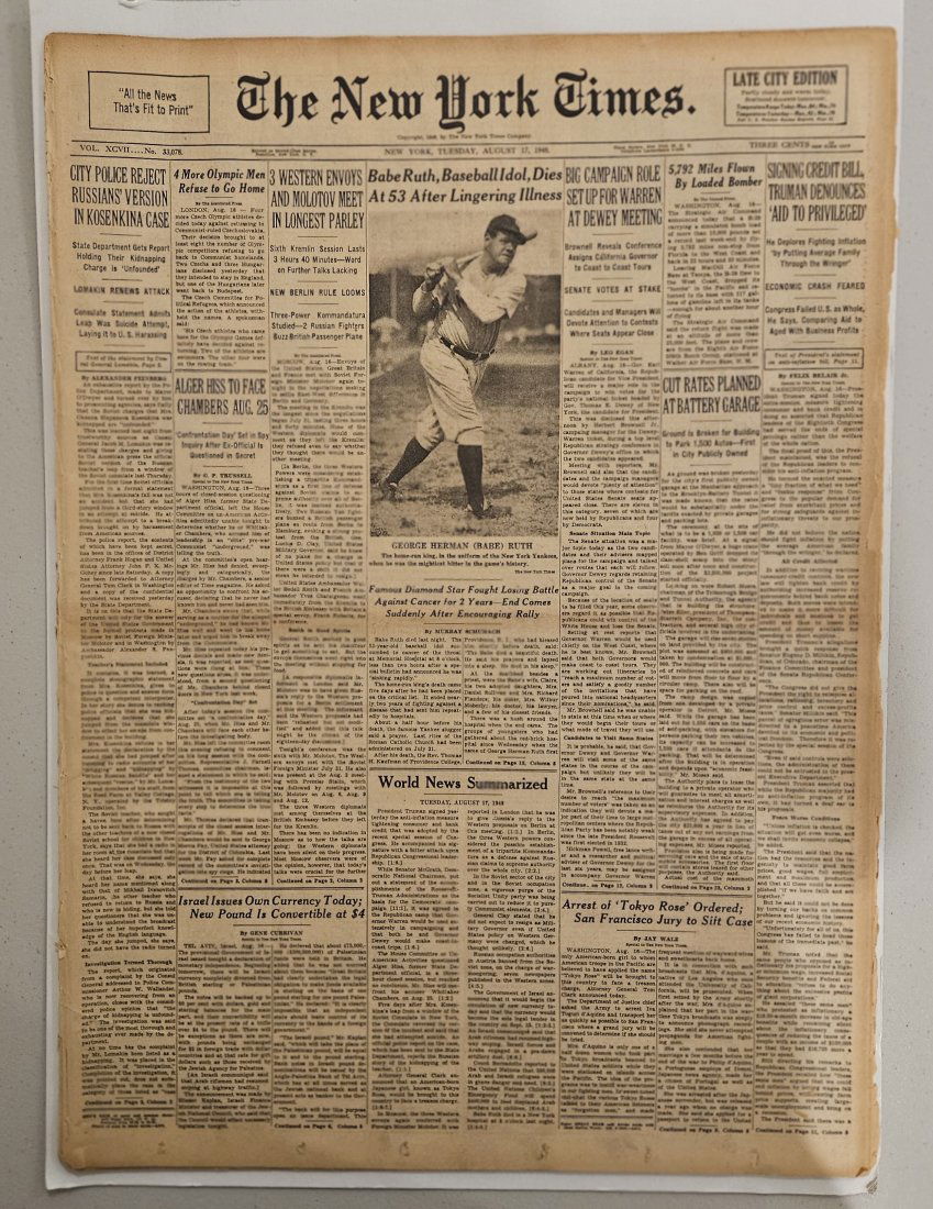 Babe Ruth Is Dead, Ny Times 8-17-1948 Auction