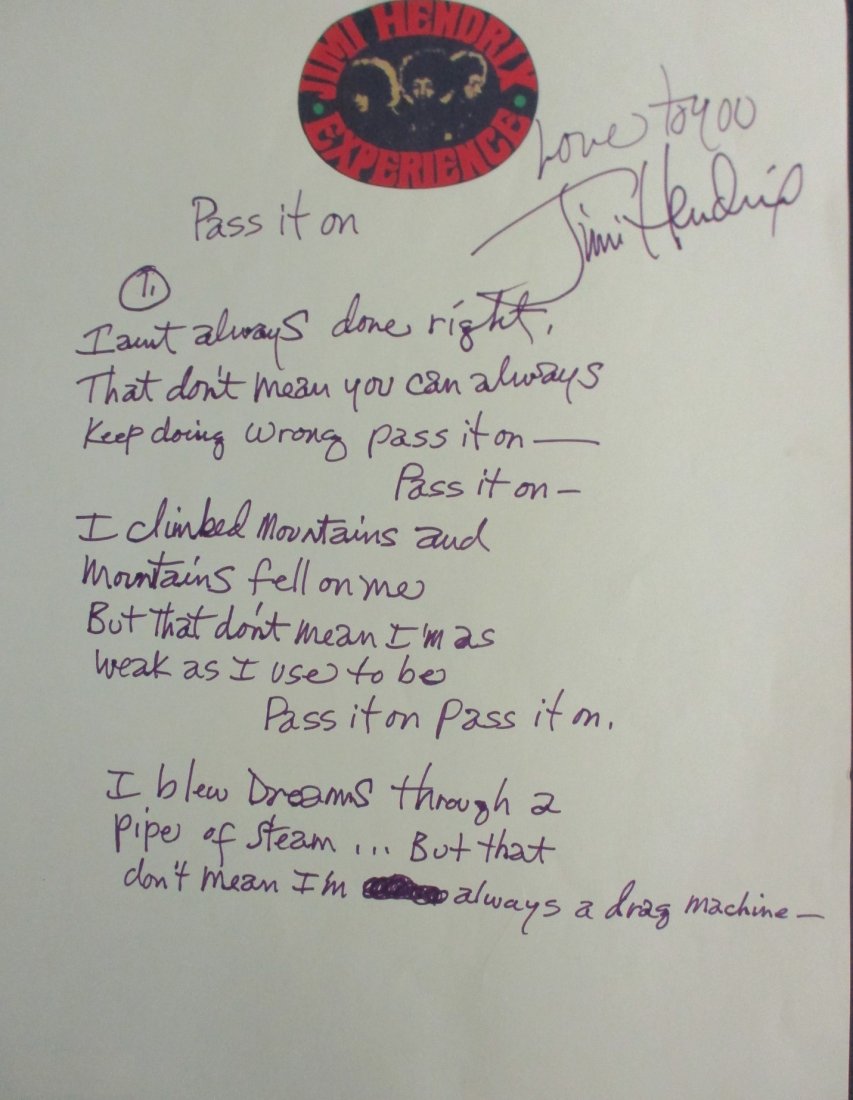 Jimi Hendrix Signed And Handwritten 'pass It On' Lyrics" Auction