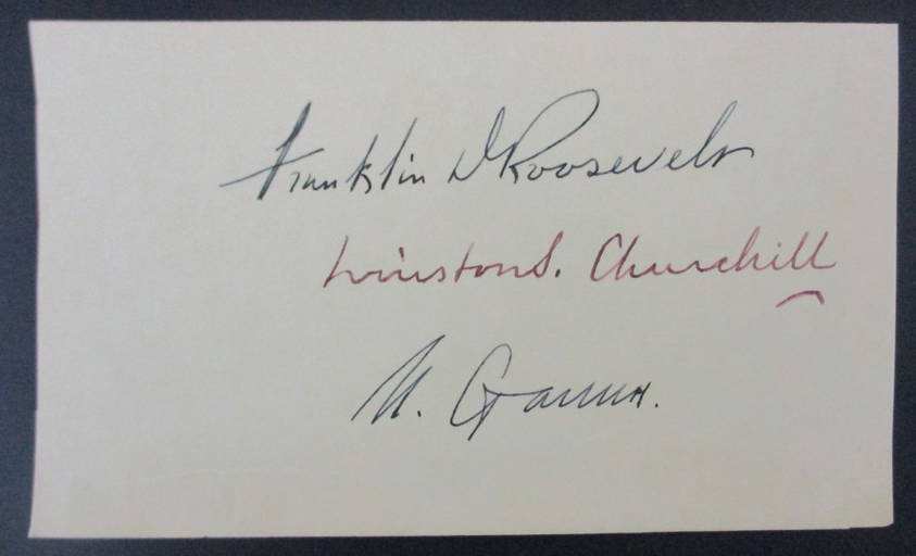 Franklin Roosevelt, Winston Churchill And Joseph Stalin, Signed 3 X 5 Card