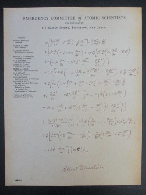 Rare Albert Einstein Signed Document On Emergency Committee Of Atomic Scientists Letterhead Auction