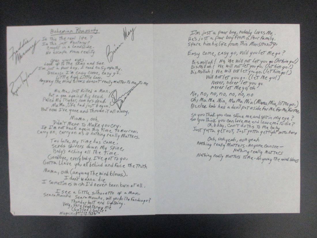 Queen Signed Handwritten Lyrics Of 'bohemian Rhapsody, A Regal ...