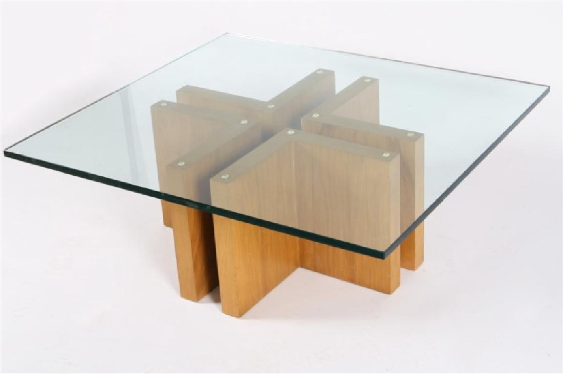 Modern Glass Top Table With Wooden X Base