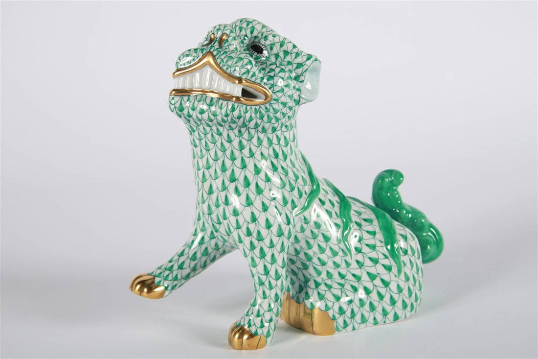 Herend, Porcelain Green Fishnet Foo Dog Auction