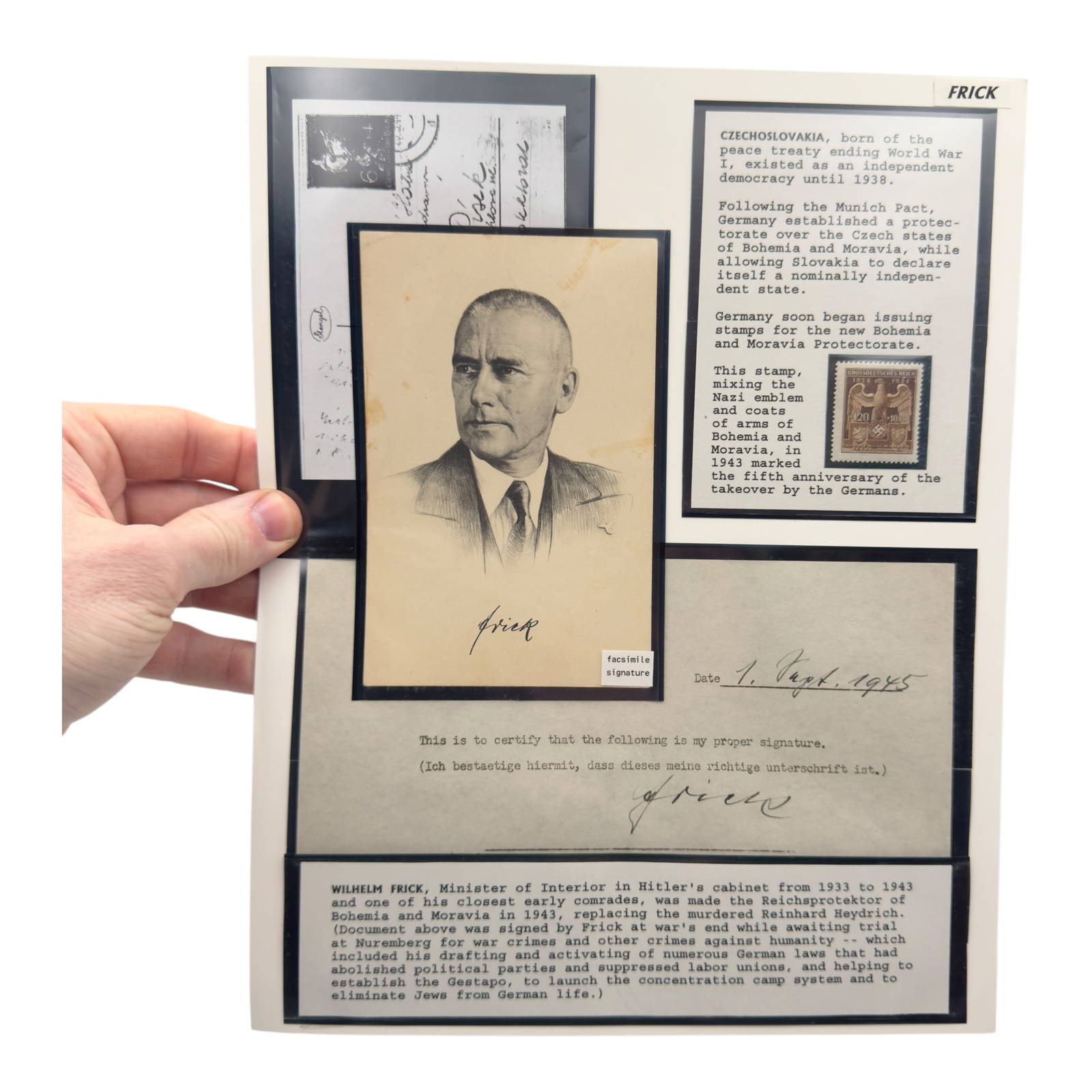 Wilhelm Frick Signed Note From Nuremberg Trials With Postcard Display ...