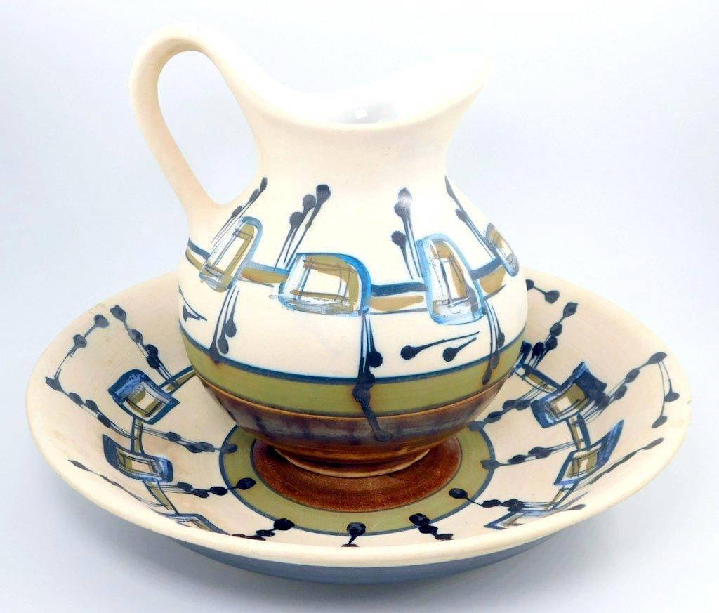 Harsa Israel Abstract Pottery Large Water Pitcher And Wash Basin Auction