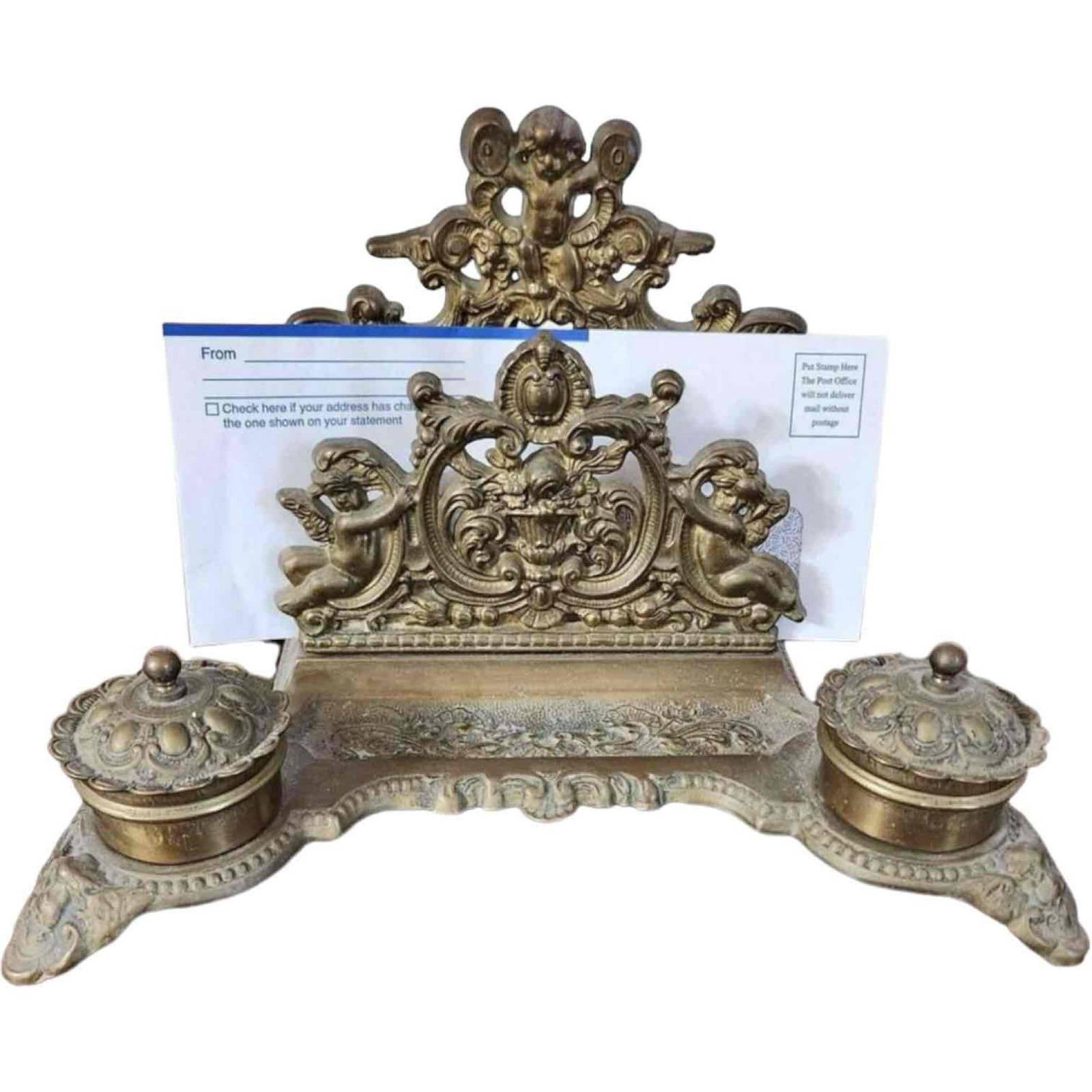 Antique Double Inkwell Mail Holder With Cherub Motif Auction