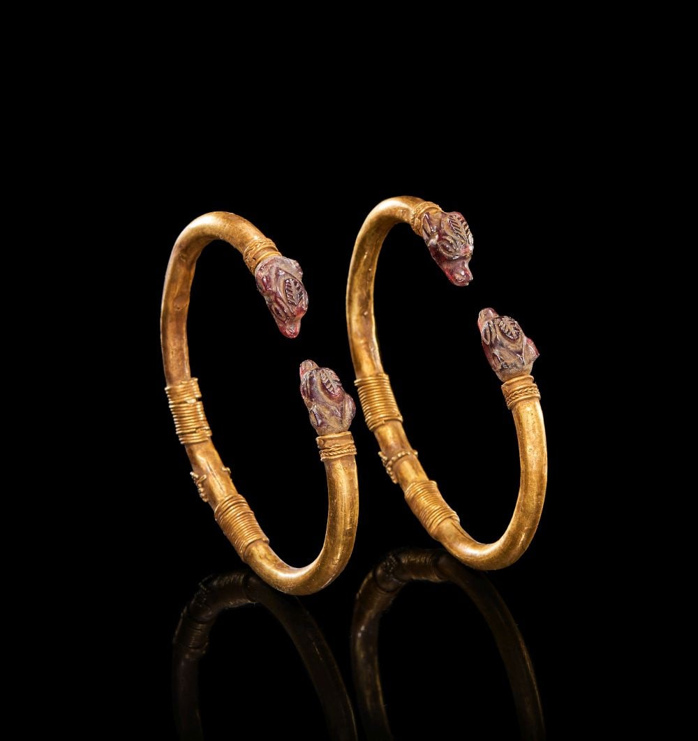 A Pair Of Achaemenid Gold & Garnet Zoomorphic Armlets, Possibly Rams ...
