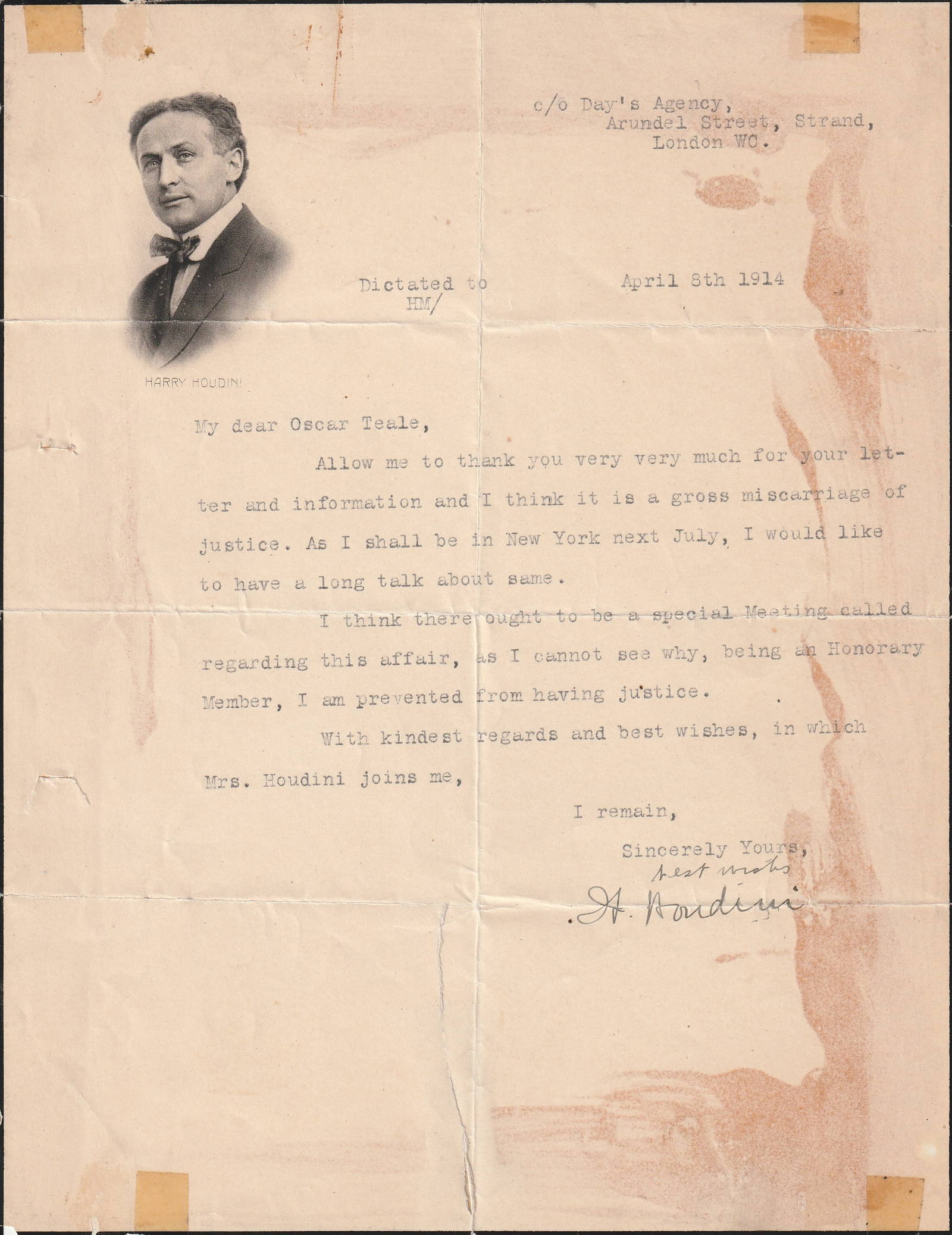 Harry Houdini Signed Letter - Houdini Wants Justice! Auction