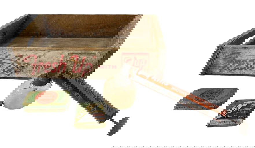 Vintage Tin Cans, 7up Wooden Crate, And Bug Repellent