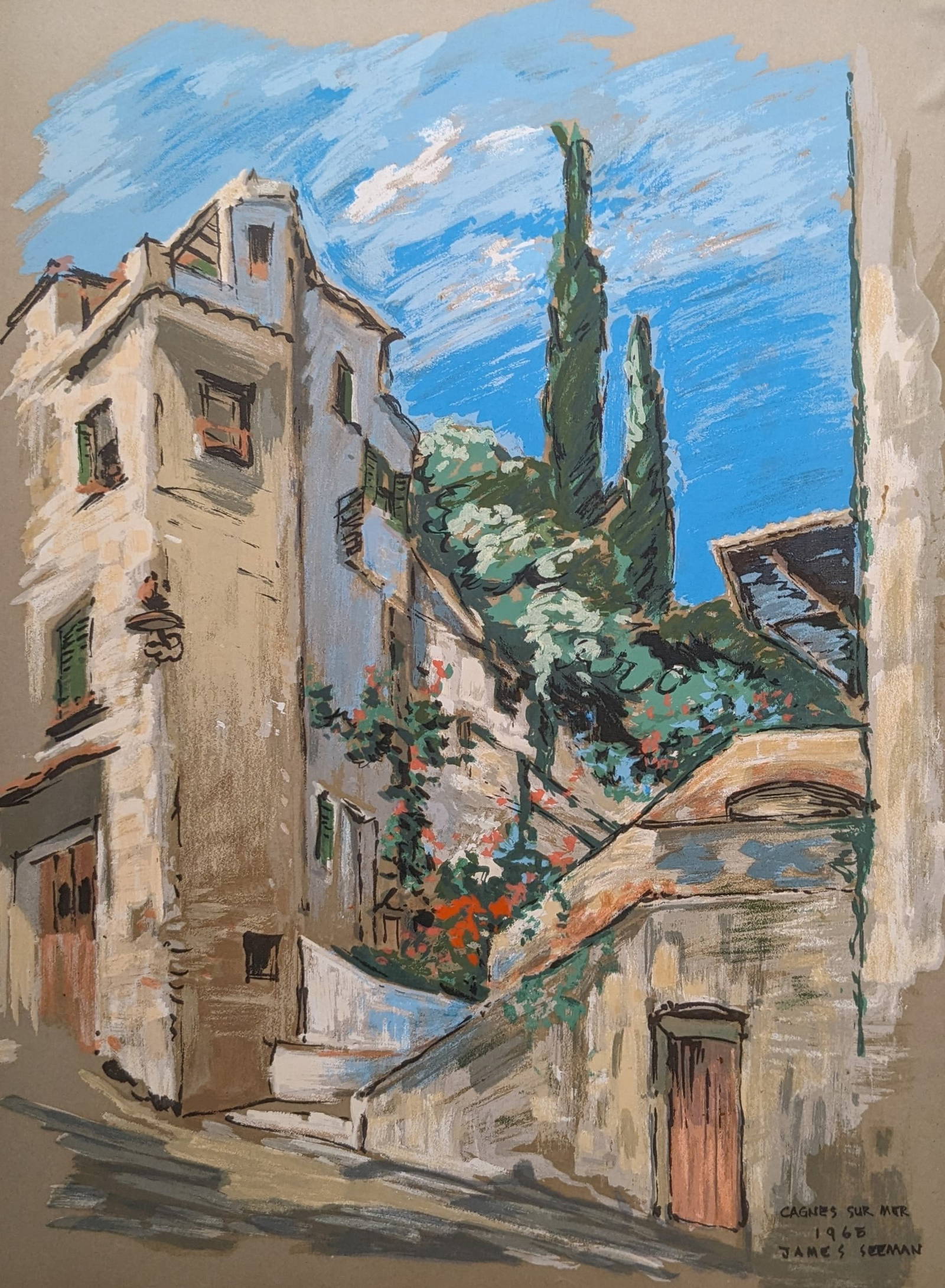 Watercolor On Gray Artists Paper James Seeman, "cagnes Sur Mer" Auction