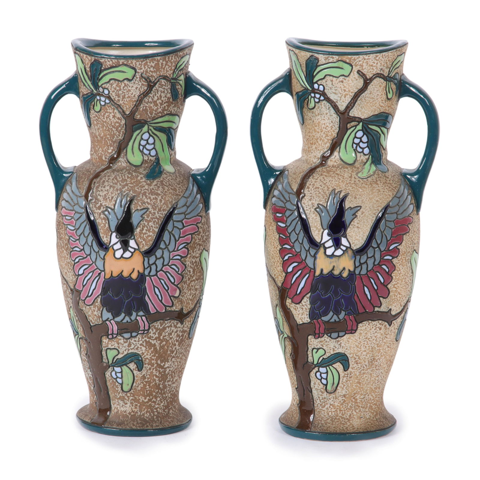 Two Large Amphora Double Handled Vases With Parrot Birds In Flight. 16 ...