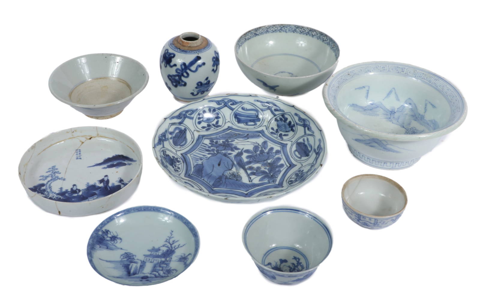 Chinese And Annamese? Antique Blue And White Ceramics 9pc.; 19th/20th ...