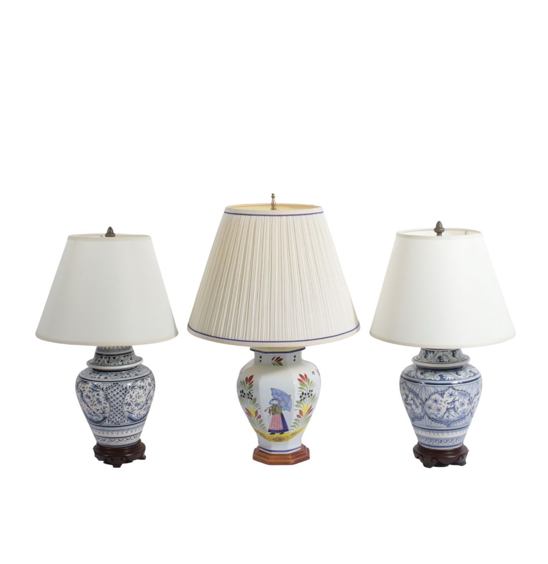 Lot Of 3 Ceramic Table Lamps: Pair Of Delft Blue And White Lamps And ...