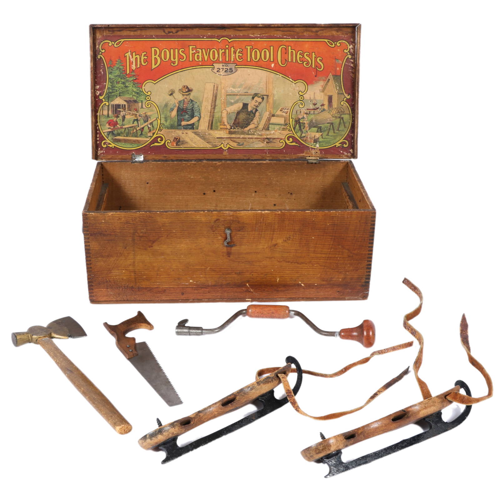 Antique Child's Toy Tool Box With Tools And Victorian Era Wooden Ice ...