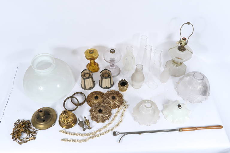 Large Group Of Vintage And Antique Lamp Parts, Shades, And Lamplighter.
