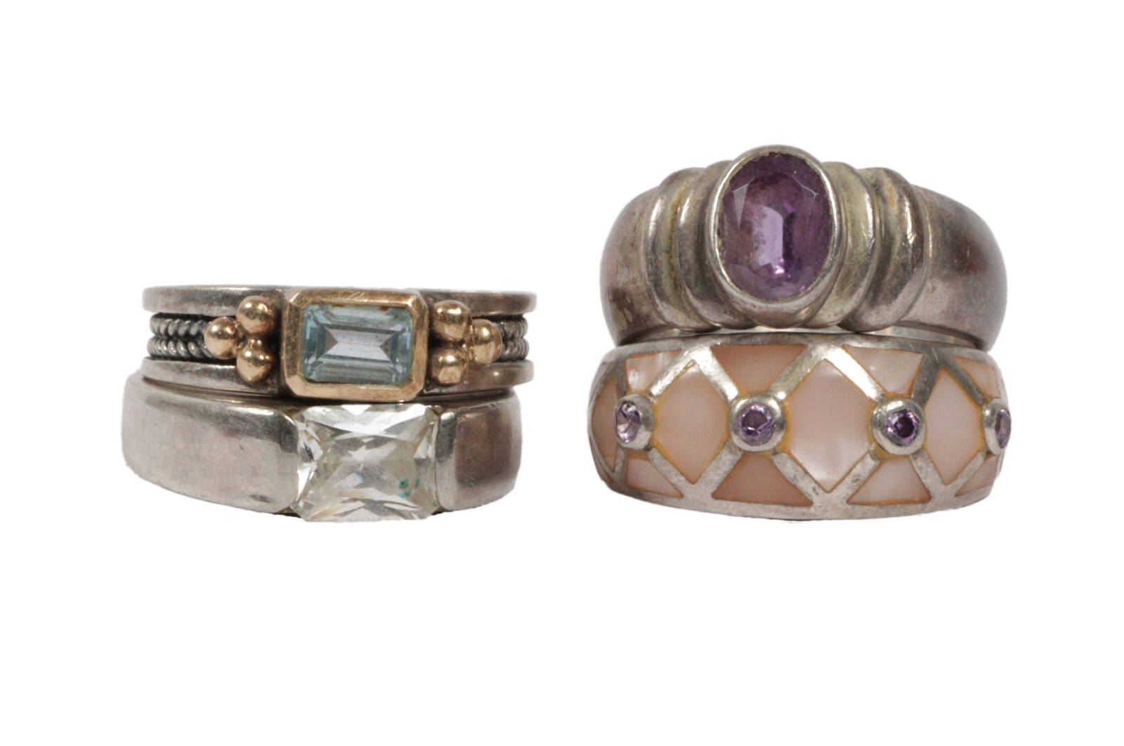 Sterling Silver Ring 4pc Group: Lavender Colored Center Stone, Pink Mop ...