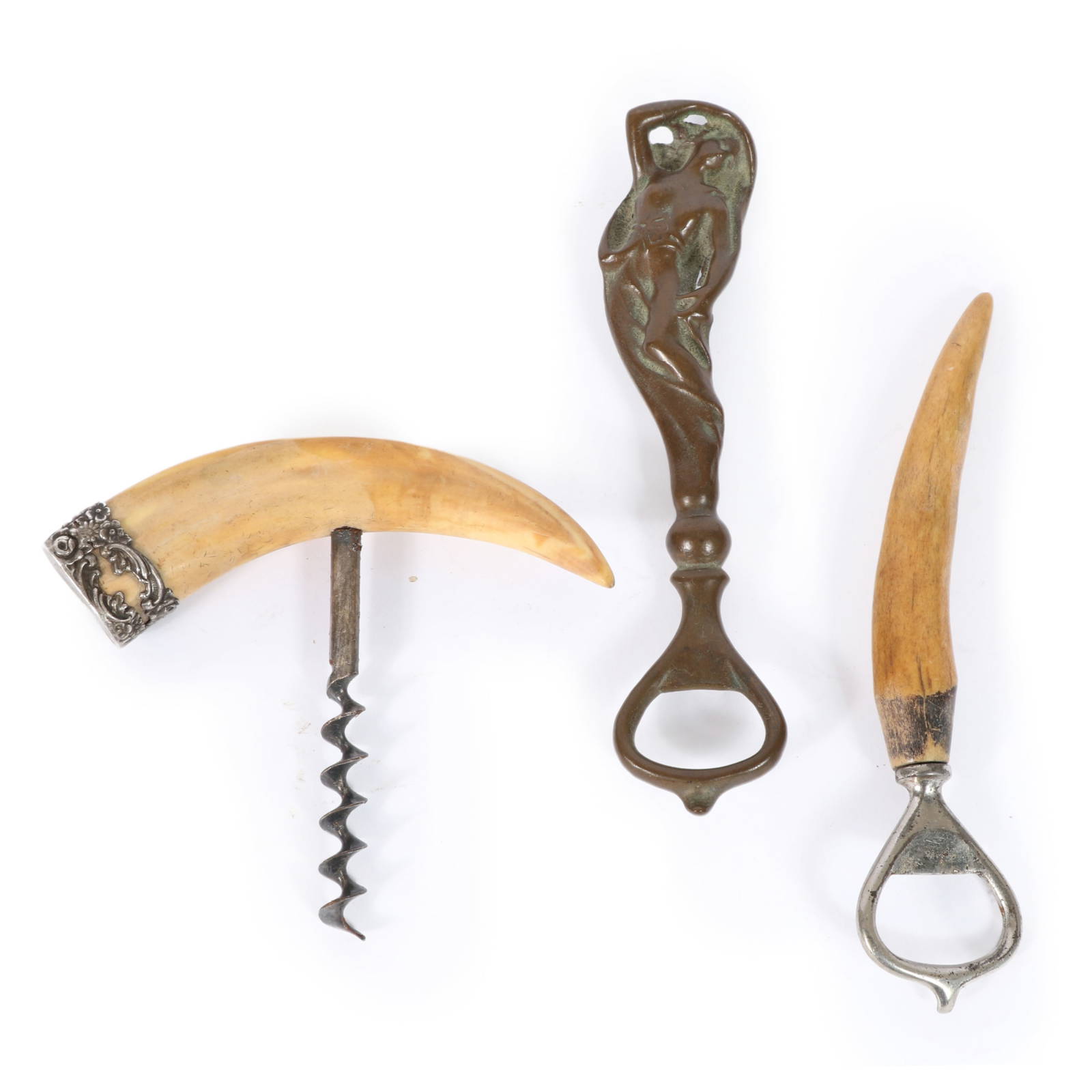 Antique Barware 3pc.; Bronze Art Nouveau Figural Lady Bottle Opener ...