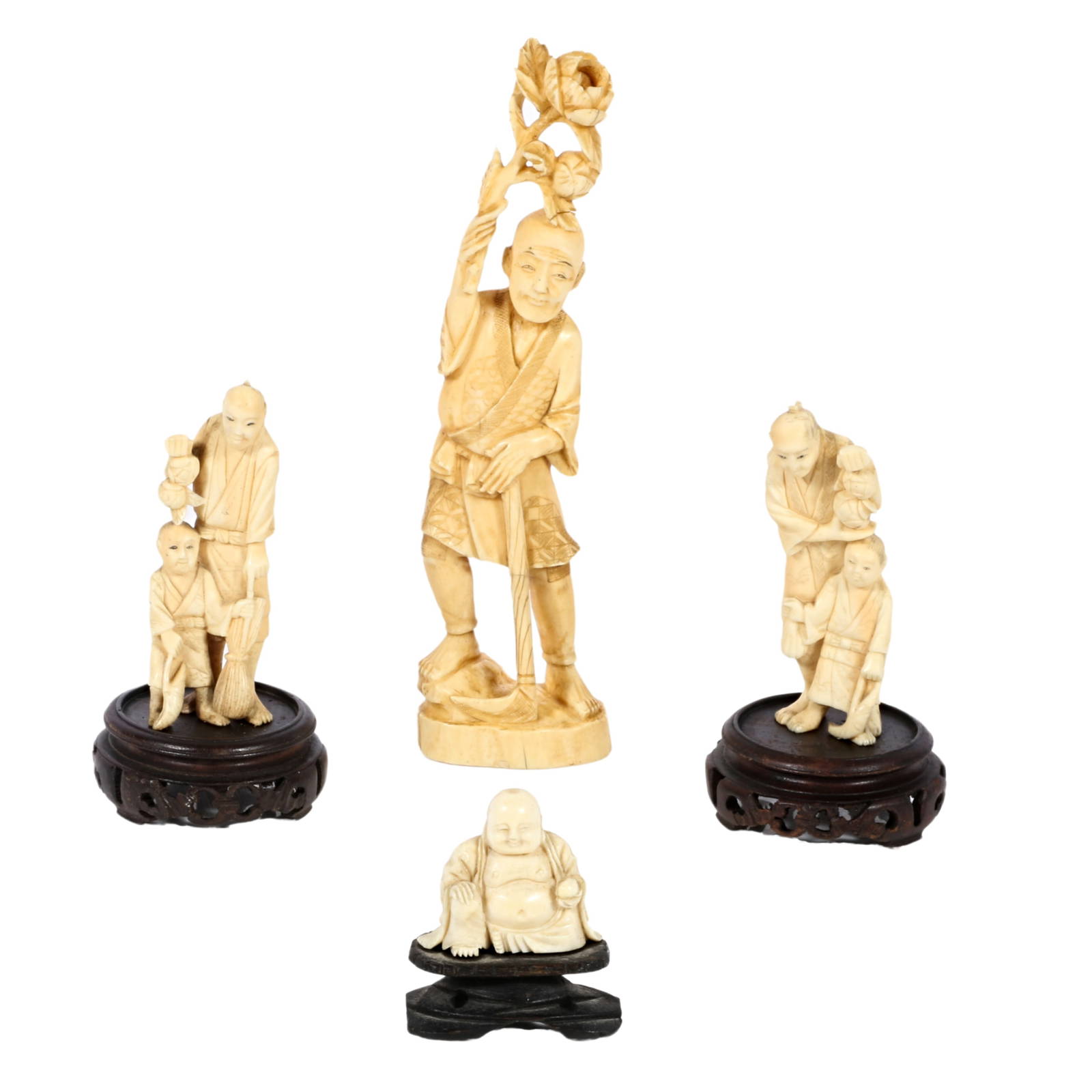 Collection Of 4 Japanese Carved Okimono Figure, Merchant Figure Groups ...