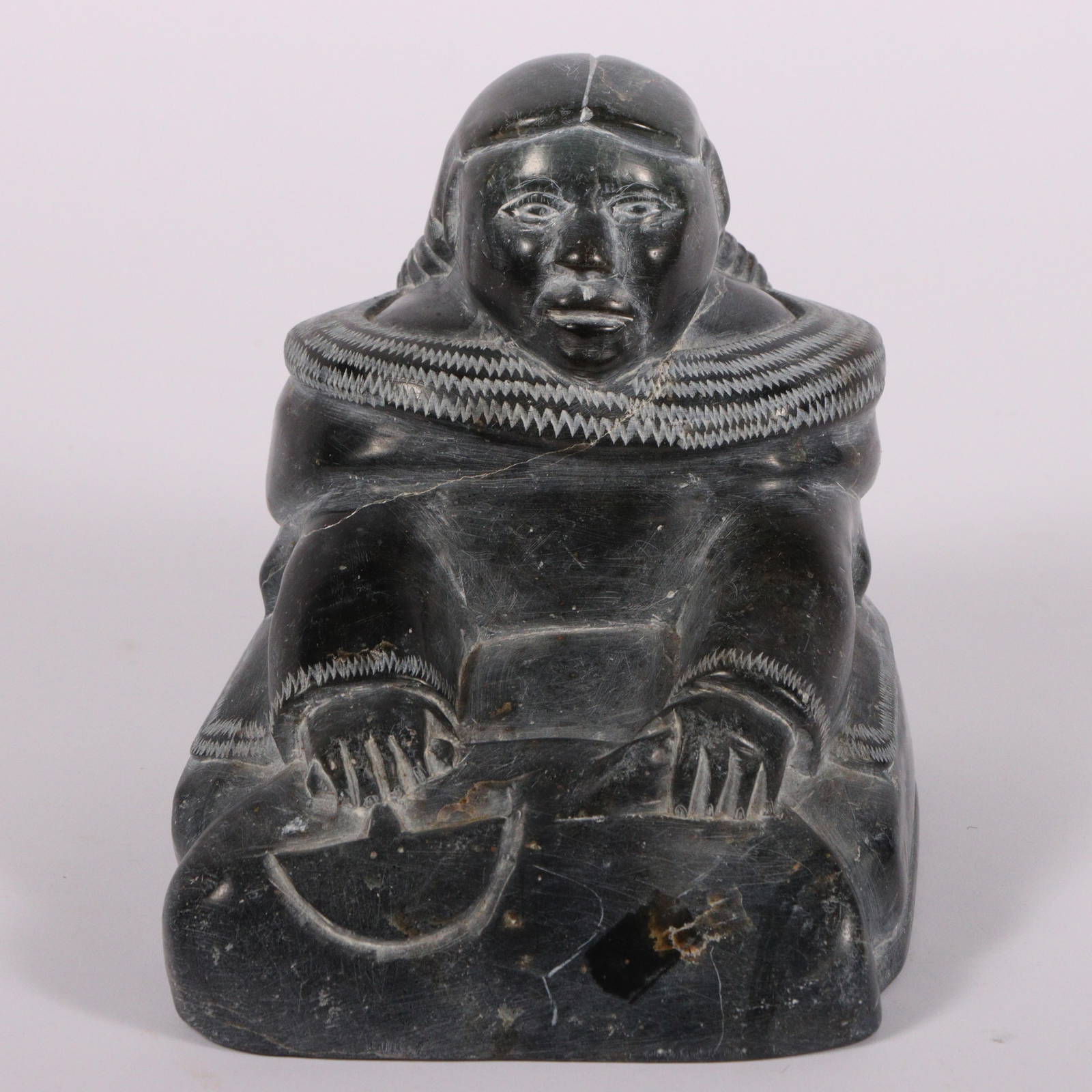 Inuit Carved Soapstone Figure, Seated Woman With Ulu Sculpture. 6 1/4"h ...