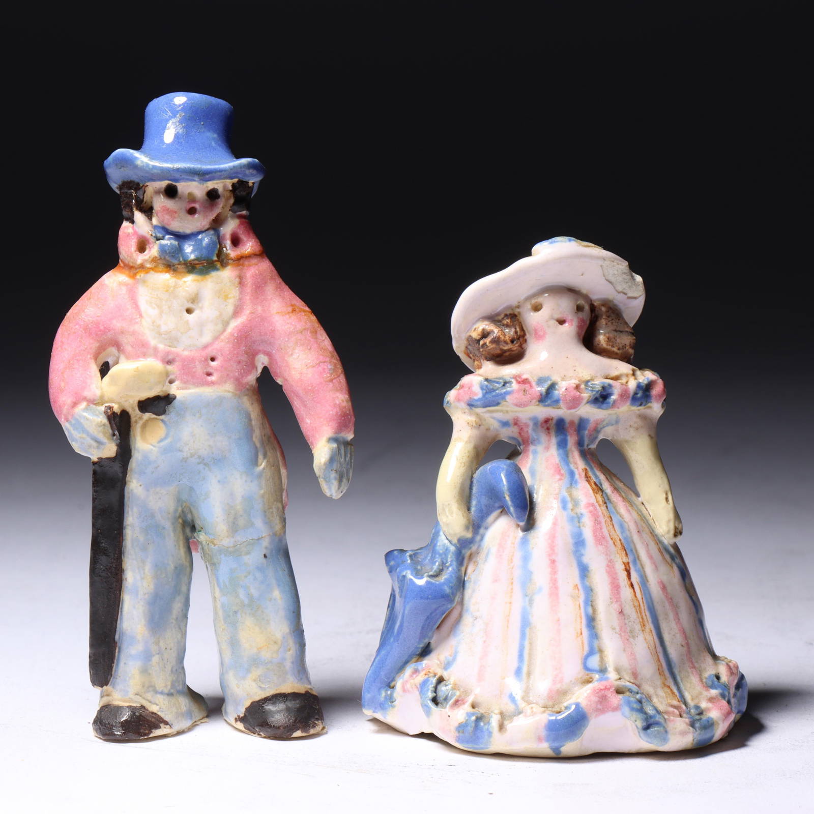 Two Overbeck Art Pottery Figures, Couple With Hats And Umbrellas. 3 1/2 ...