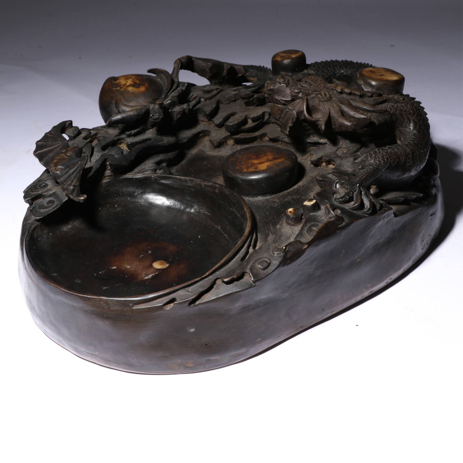 Chinese Duan Inkstone, Seal Under Base, Late Qing Dynasty, Dragon Bats And Peaches With ...