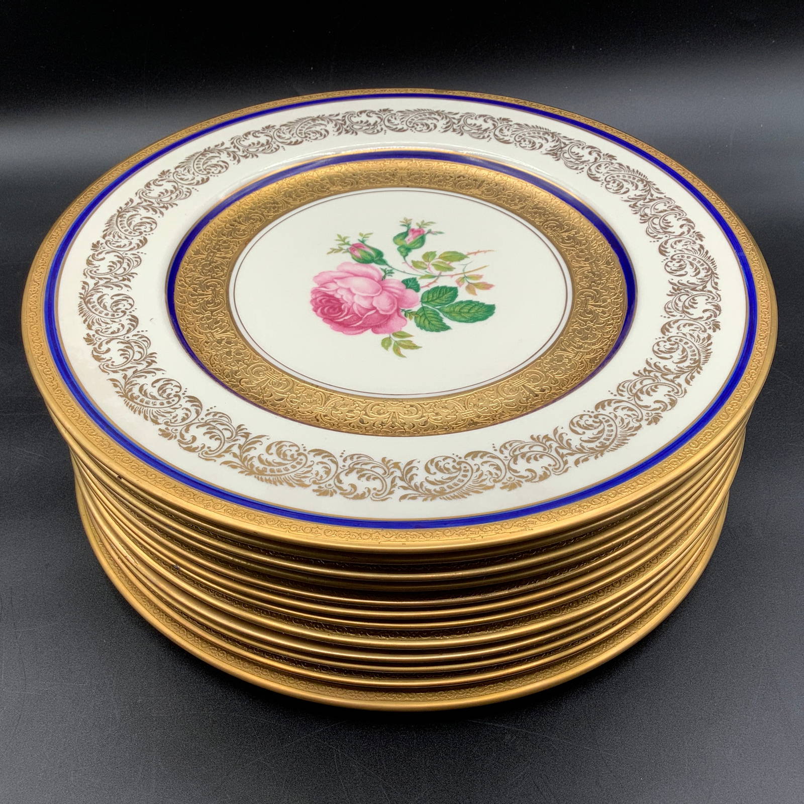 12 Bern Lan Fine China Gold Encrusted Plates With Pink Rose Center ...