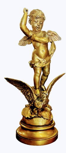 19th C Bronze Of A Winged Putti Standing On A Bird.