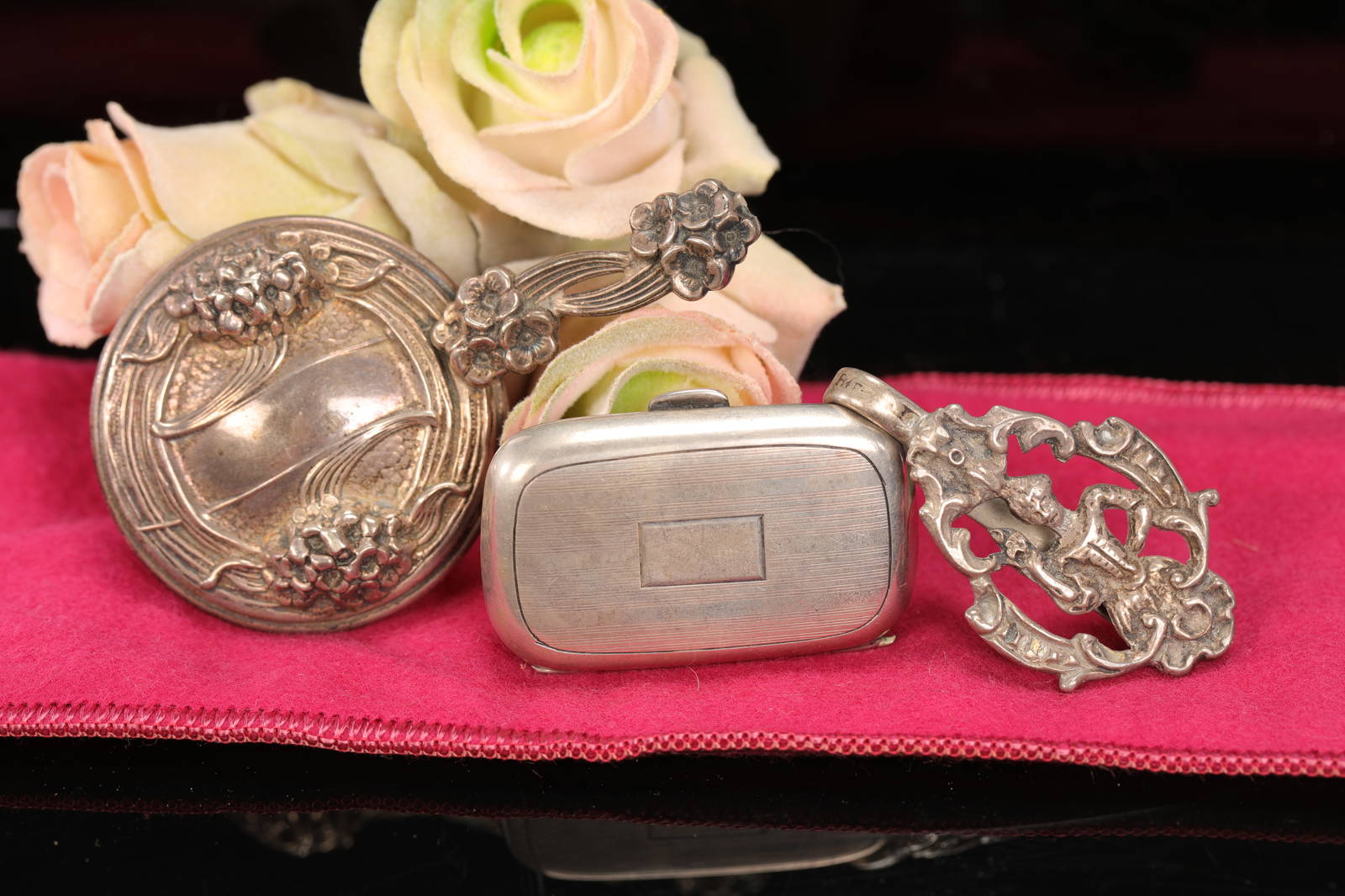 3 Antique Sterling Silver Chatelaine Mirror, Snuff Box, Pendant Auction