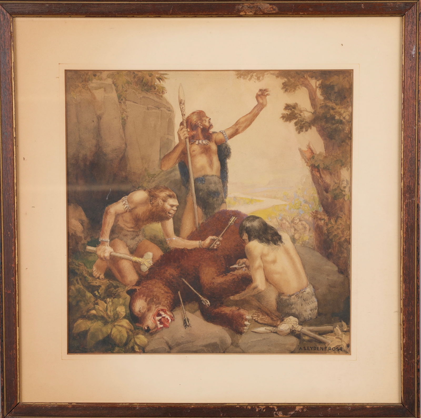 Alexander Leydenfrost (1881-1961) Gouache Painting Cavemen Bear Hunt ...