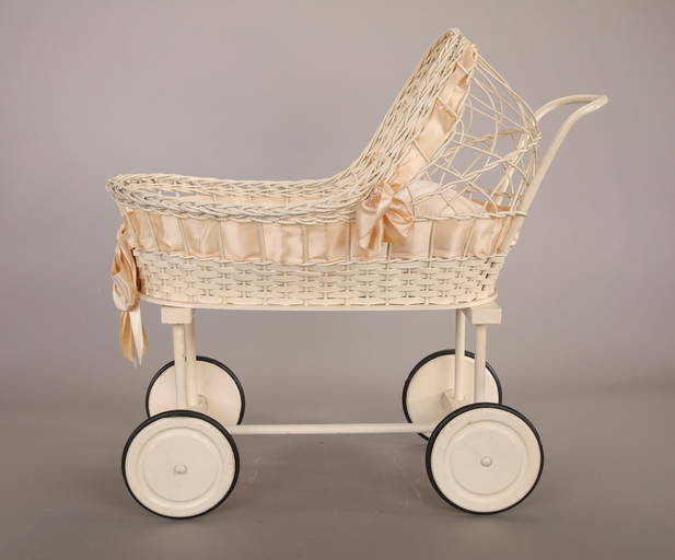 Vtg White Wicker Doll Stroller / Pram Furniture