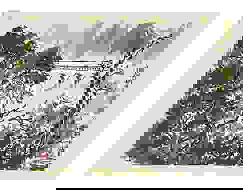 Chinese Brush Stroke Painting Scenic Bridge Signed Auction