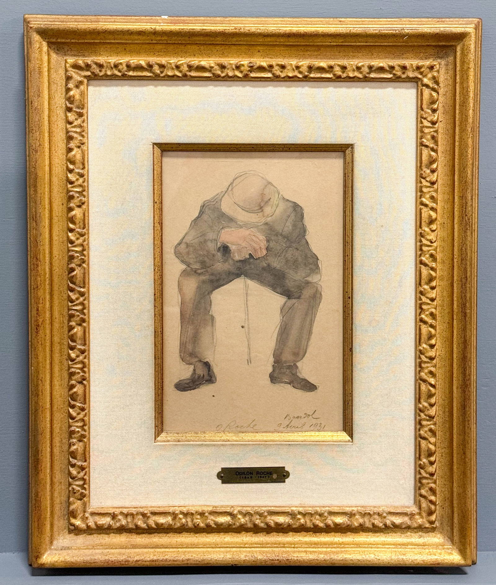Signed Odilon Roche, Bandol Man Watercolor Sketch Auction