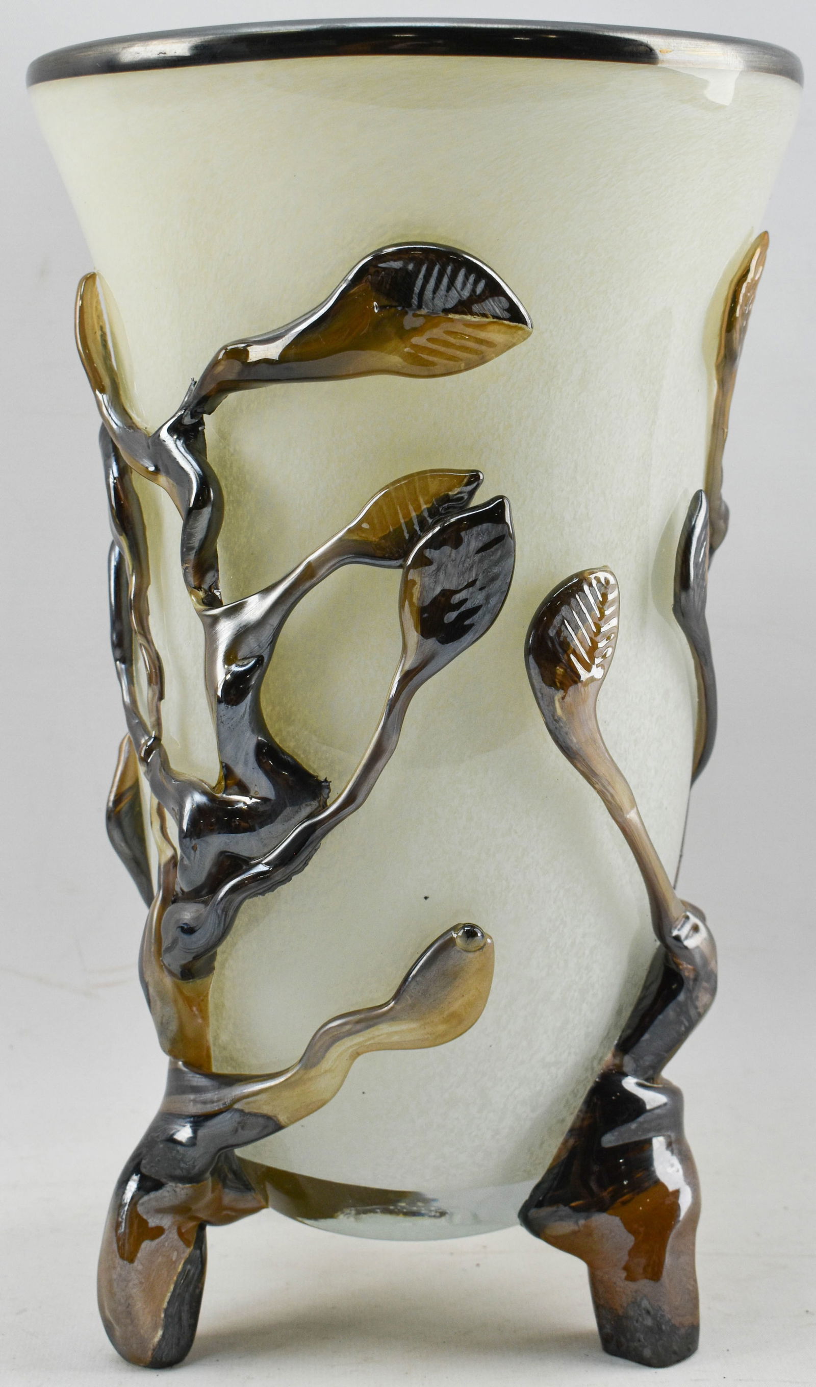 Mihai Topescu Glass Footed Vase W/ Relief Leaves Auction