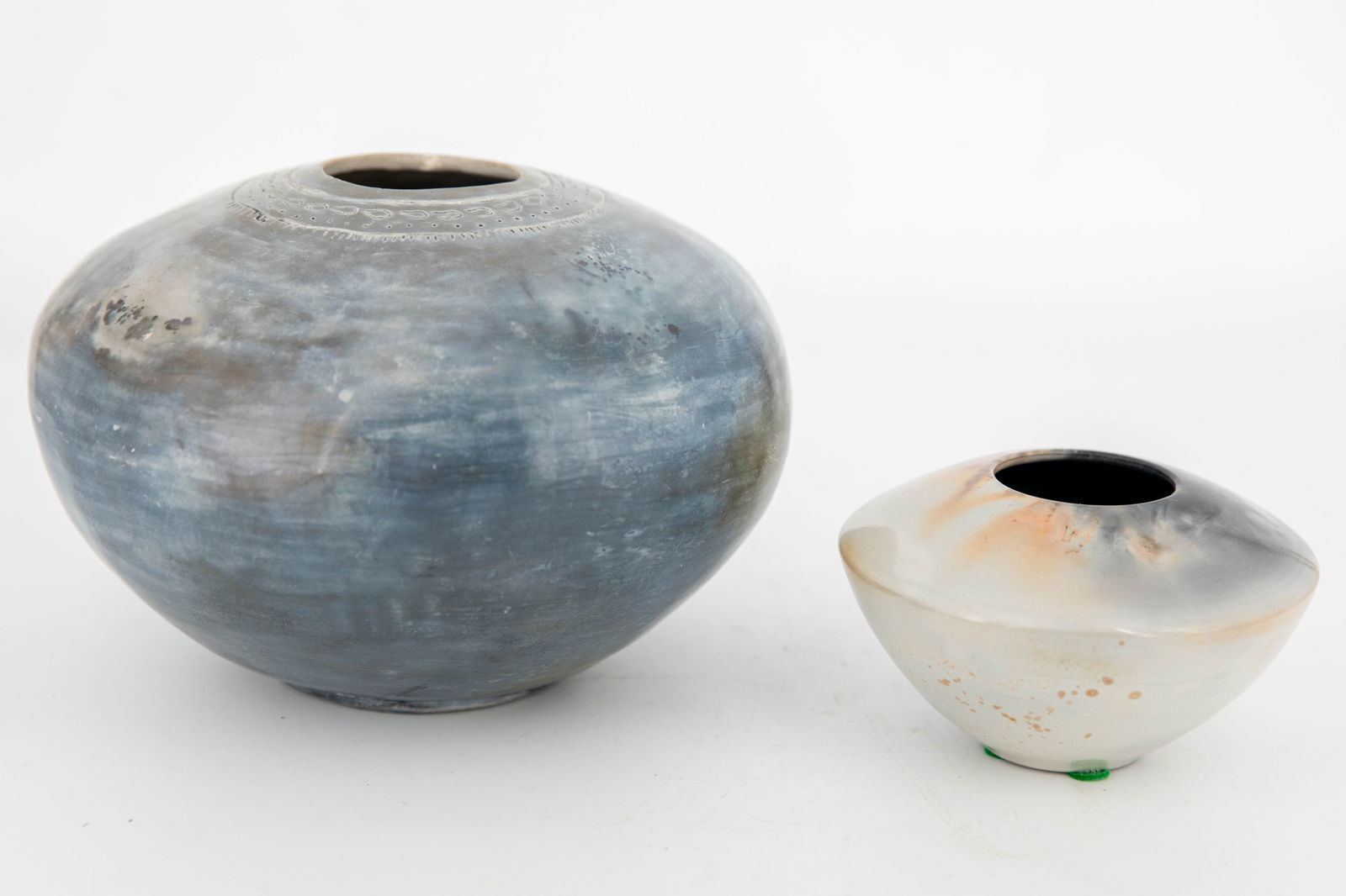 Pair Of Saggar Pottery Vessels, One Signed Alex Mandli Auction