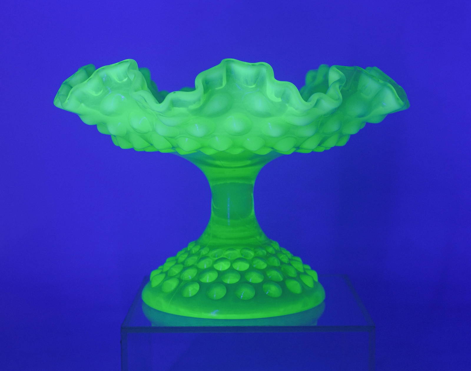 Topaz Opalescent Hobnail Vaseline Glass Compote Dish Auction